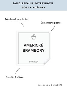 Samolepka na kořenky AMERICKÉ BRAMBORY průhledná 5 × 5 cm tučné písmo