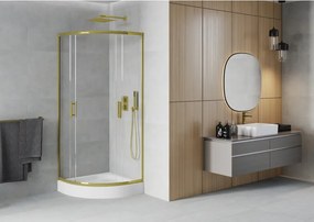 Mexen Rio, čtvrtkruhový sprchový kout s posuvnými dveřmi 80 (dveře) x 80 (dveře) x 190 cm, 5mm čiré sklo, zlatý profil + bílá sprchová vanička RIO, 863-080-080-50-00-4710