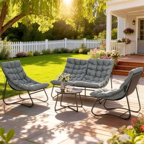 4-Sitzer Gartenmöbel-Set, 2 Stühle, 1 Doppel-Sofa, 1 Tisch, dicke Kissen, Stahlrahmen, für Terrasse, Grau