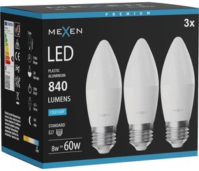 Mexen Nova 3x LED žárovka E27, C37, 8W, Studená - 6500K, 840 lm - L102-E27-0865-01x03