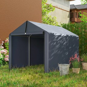 Outsunny 1,62 × 2,22 m voděodolný zahradní úložný stan s rolovacími zipovými dveřmi, sedlová střecha, ocelový rám, UV-odolný — tmavě šedý