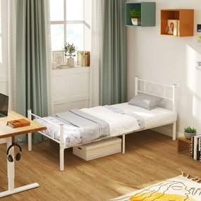 Rám postele HOMCOM pro matraci 200 x 90 cm, 88 cm vysoký jednolůžkový rám z oceli, pro ložnici či pokoj pro hosty, Bílý