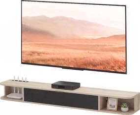 HOMCOM Závěsný TV nábytek, TV nábytek pro televize až do 152,4 cm (60 palců), výklopná zásuvka, 2 police, 140x24x16 cm, přírodní dřevo