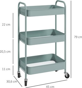 HOMCOM Skladovací vozík na kolečkách se 3 košíky a ocelovým rámem pro obývací pokoj, ložnici, kancelář a kuchyň 45x30x79 cm Světle modrá