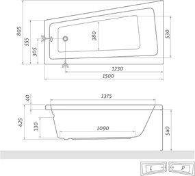 Asymetrická rohová akrylátová vana EVA SIDE  S 1500 × 800 Levá EVA SIDE (L) 200 l 9780000