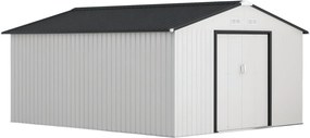 Zahradní kůlna Outsunny 12,4 m² 340x386x200 cm se skládacími dveřmi, šikmou střechou a zesíleným základem (podlaha není součástí) a 4 okny - Bílá | Ao