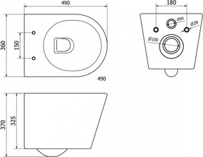 Mexen Rico, závěsná WC mísa 490x360x370 mm, Rimless Tornádo + WC sedátko z duroplastu, černá matná, 30720185T