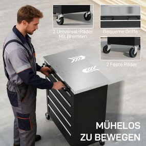Skříňka na nářadí s 5 zásuvkami, skříňka na nářadí na kolečkách, ocelový vozík na nářadí, stříbrná + černá barva