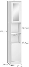 Kleankin Koupelnová skříňka s úložným prostorem, zrcadlem a otevíráním na tlak, víceúčelová dřevěná koupelnová skříňka, 30x28x170cm, bílá