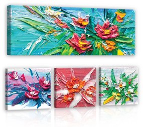 Postershop Obraz na plátně: Květiny malované - set 1ks 80x30 cm a 3ks 25,8x24,8 cm
