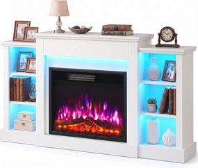 HOMCOM TV stolek s elektrickým krbem a 6 policemi, 138 cm, 900/1800 W, bílý