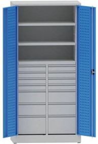 Dílenská kovová skříň na nářadí KOVONA, 2 police, 14 zásuvek, svařovaná, nosnost 80 kg, 950 x 500 x 1950 mm