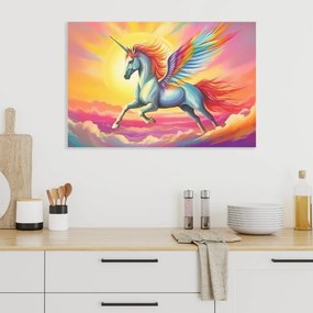 Obraz na plátně - Jednorožec okřídlený, barevné nebe FeelHappy.cz Velikost obrazu: 90 x 60 cm