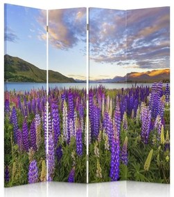 Ozdobný paraván Levandulové jezero Květiny - 145x170 cm, čtyřdílný, klasický paraván