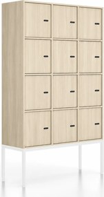 Kancelářská skříň FRAME, bílá podnož, 12x dveře, 1299 x 450 x 2185 mm, mechanický kódový zámek, dub přírodní
