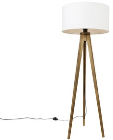 Rustikální stojací lampa s trojnožkou vintage dřevo s bílým stínítkem 50 cm - Tripod Classic