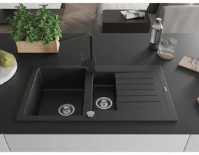 Mexen Matias, granitový dřez 900x505x200 mm, 1,5-komorový a černá baterie Rita, černá, 6502-77-670300-70
