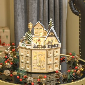 HOMCOM Adventní kalendář, box na adventní kalendář, vánoční dekorace, LED světla, 24 zásuvek, přírodní
