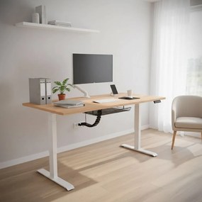 Výškově nastavitelný stůl OfficeTech D, 180 x 80 cm, bílá podnož, buk