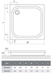 Roth Čtvercová akrylátová sprchová vanička COLA Varianta: rozměry: 90x90 cm - (COLA  900 - 8000004)