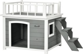 PawHut Psí Bouda s Balkonem, Elevated Pet House se Schody, Okno, Psí Doupě pro Malé až Velké Psy, Vyrobené z Borového Dřeva, Světlá Šedá, 121 x 77 x 7