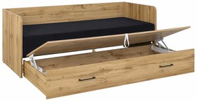 Rozkládací postel s matracemi a polštáři TETRIS, dub wotan/černá