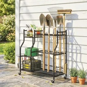 Outsunny organizér zahradního nářadí z oceli, 3 úrovně, 74 přihrádek, 4 kola, 11 háčků, 104x40x95 cm, černá
