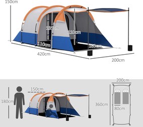 Kempingový stan pro 3 osoby, háčky na lucernu, tři vchody, vodotěsný, oranžový