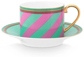 Pip Studio Pip Chique Stripes šálek s podšálkem 220ml, růžovo-zelený (Porcelánový šálek s podšálkem 220ml)