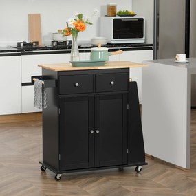 HOMCOM Kuchyňský vozík s pracovní deskou, držákem na láhve, držákem na utěrky, 2 šuplíky, skříňka, 2 dveře, MDF Černá Hevea