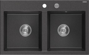 Mexen Hektor žulový dřez 2-komorový 800 x 480 mm, černý skvrnitý, sifon chrom - 6521802000-76