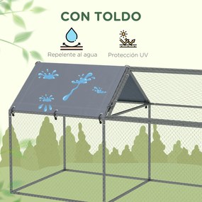 PawHut Malá Kotec pro Hlodavce s Ocelovou Konstrukcí, 1 Vrchními Dveřmi a 1 Fólií proti UV, pro Venkovní Zahradu 198x100x120 cm Stříbrná