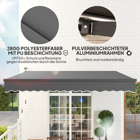 Svěrná markýza s ruční klikou Solární světlo Markýza se sklopným ramenem Markýza s ochranou proti slunci UV 50+ 400 cm široká Šedá barva