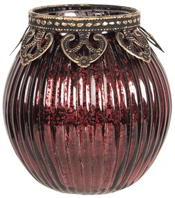 Červený skleněný svícen na čajovou svíčku s kovovým zdobením - Ø  9*9 cm
