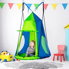Outsunny Kulatý Houpací Hnízdo s Odnímatelným Stanem Ø 100 cm, 4 Kroužky Součástí, Epoxidová Ocel, Oxford Vysoké Hustoty - Zelená a Modrá