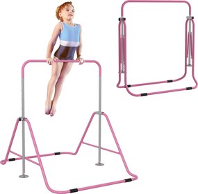 Skládací hrazda HOMCOM pro děti 3-8 let, gymnastická hrazda s 5 nastavitelnými výškami a ocelovou konstrukcí, 154x106,2x88,5-128,5 cm, Růžová