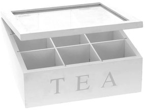 Dřevěná krabička na čaj TEA, 9 přihrádek - bílá