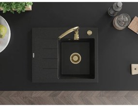 Mexen Ben, 1-komorový granitový dřez 600x500x190 mm, pravý + zlatý sifon, černá-stříbrná metalíza, 6523605000-73-G