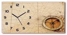 Wallmuralia Skleněné hodiny na stěnu Kompas na mapě 60x30 cm
