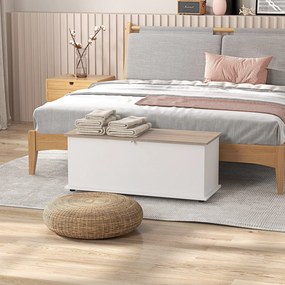 Dřevěná úložná truhlice HOMCOM s víkem, max. zatížení 120 kg pro ložnici a obývací pokoj, 100x40x40 cm, Přírodní a Bílá