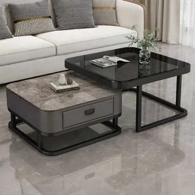 LuxuryForm DESIGN Konferenční stolek ARAGON 70 × 70 / 60 × 60 cm – šedý / šedý mramor + sklo (set 2 ks)