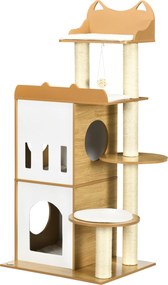 PawHut Kočičí Škrabací Strom 133 cm - Kočičí Věž s Doupětem, Plošinami, Visacím Míčem a Sisalovými Sloupky 60x48x133 cm Dub | Aosom