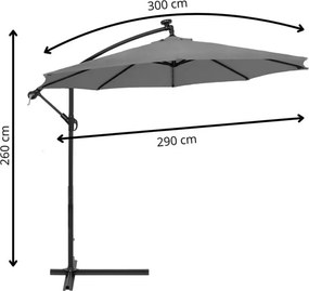 Zahradní slunečník s led osvětlením 290 cm, šedý SPRINGOS ATENA GU0046