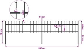 Zahradní plot s kopím nahoře ocelový 337 x 60 cm černý 277594
