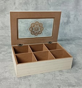 Dřevěná krabička na čaj s šesti přihrádkami - bílá - MANDALA