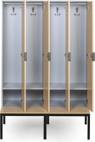 Dřevěná šatní skříňka S4 s lavičkou, 4 oddíly, 1871 x 1200 x 500/800 mm, demont, kódový zámek, šedá/buk