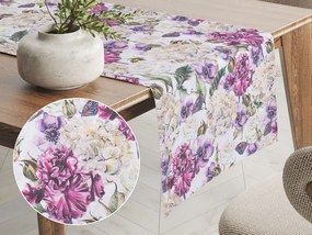 Biante Dekorační běhoun na stůl PML-108 Fialové květiny s motýlky na bílém 20x140 cm