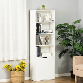HOMCOM Knihařský regál se 4 otevřenými přihrádkami a 2 dvířky do obývacího pokoje a kanceláře, nosnost 80 kg, rozměry 59x29x180 cm, bílý