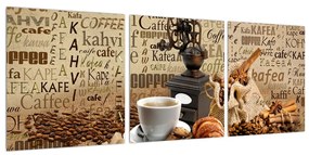 Obraz kávy, mlýnku a croissantů (90x30 cm)
