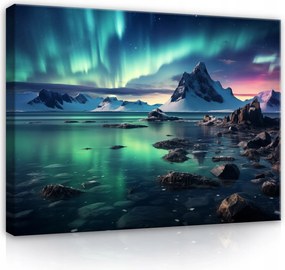 Obraz 80x60 Polární záře Aurora Borealis noc hory voda magie vesmír